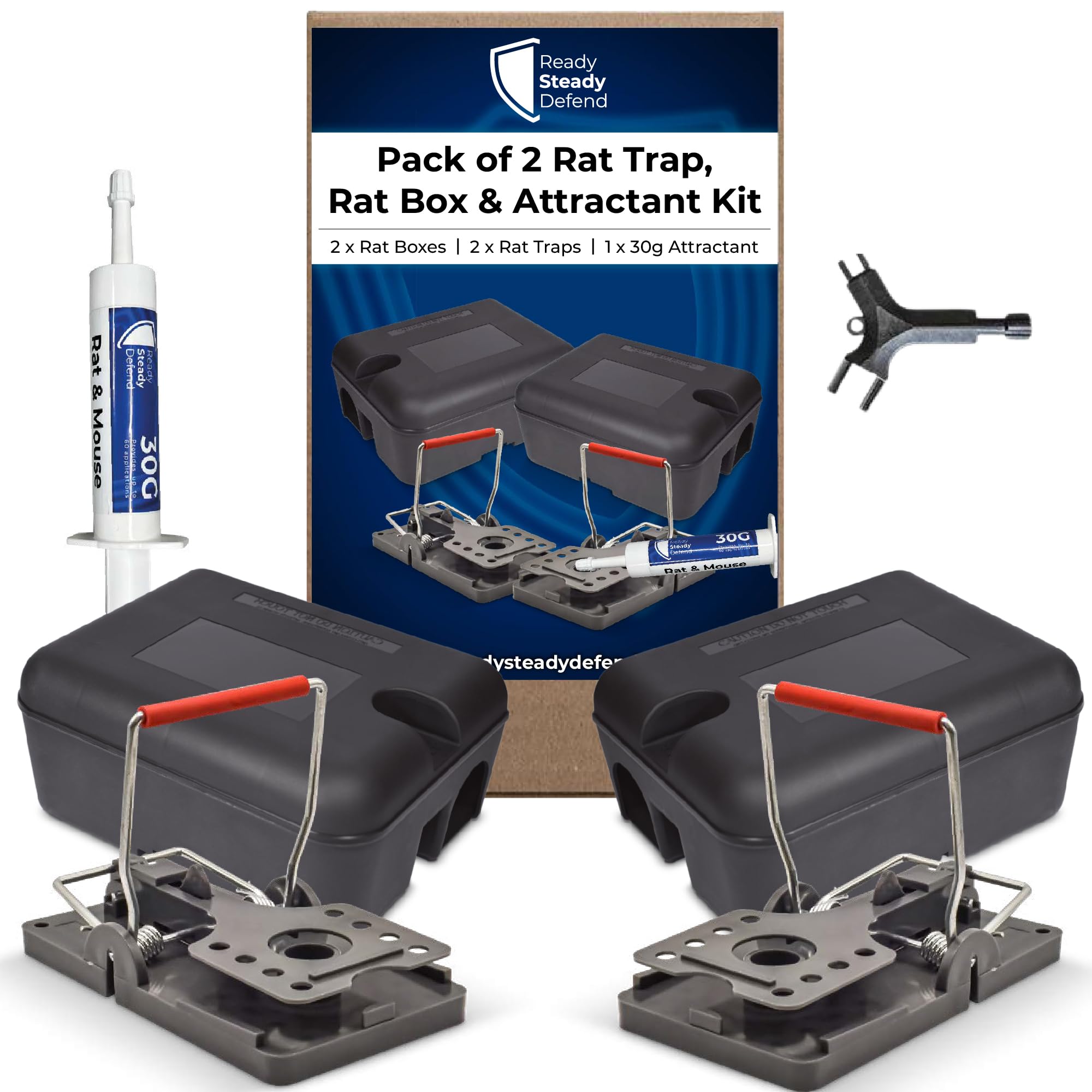 Rodent Control Kit - 2 Heavy Duty Rat Boxes, 2 Instant Kill Rat Traps,