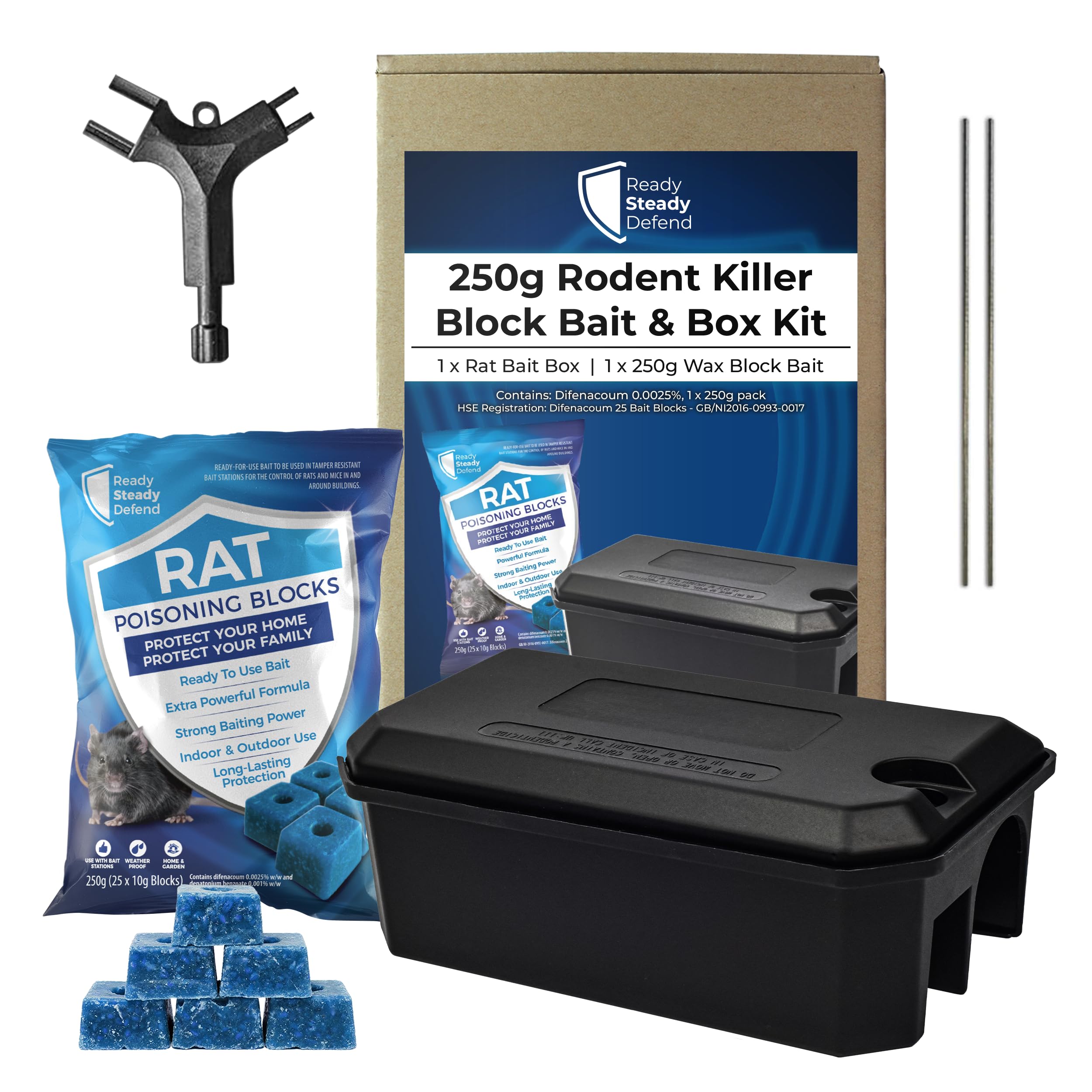 Rodent Bait Box & Wax Block Rat Poison Kit (1 Box & 250g Blocks)