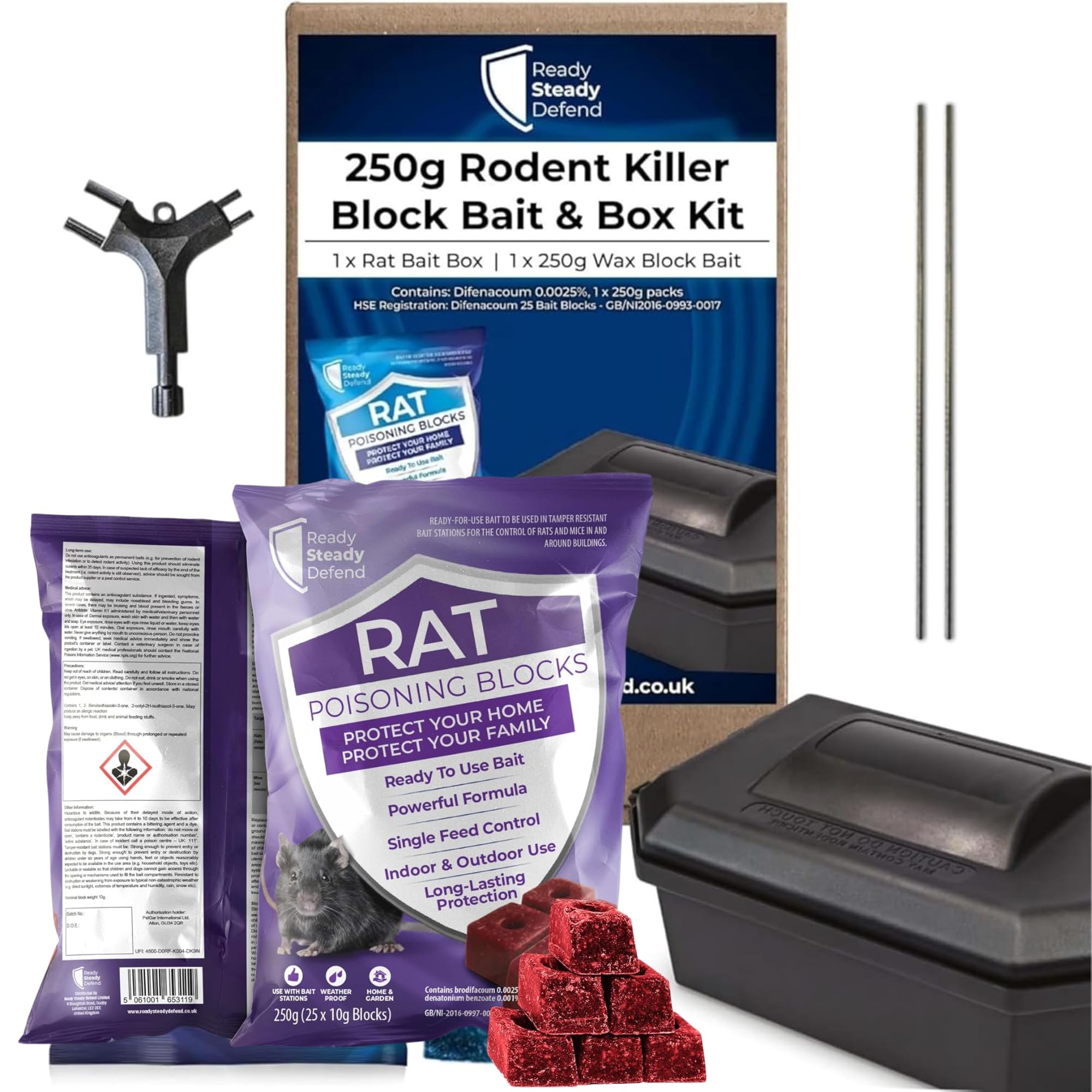 Rodent Bait Box & Wax Block Rat Poison Kit (1 Box & 250g Blocks)