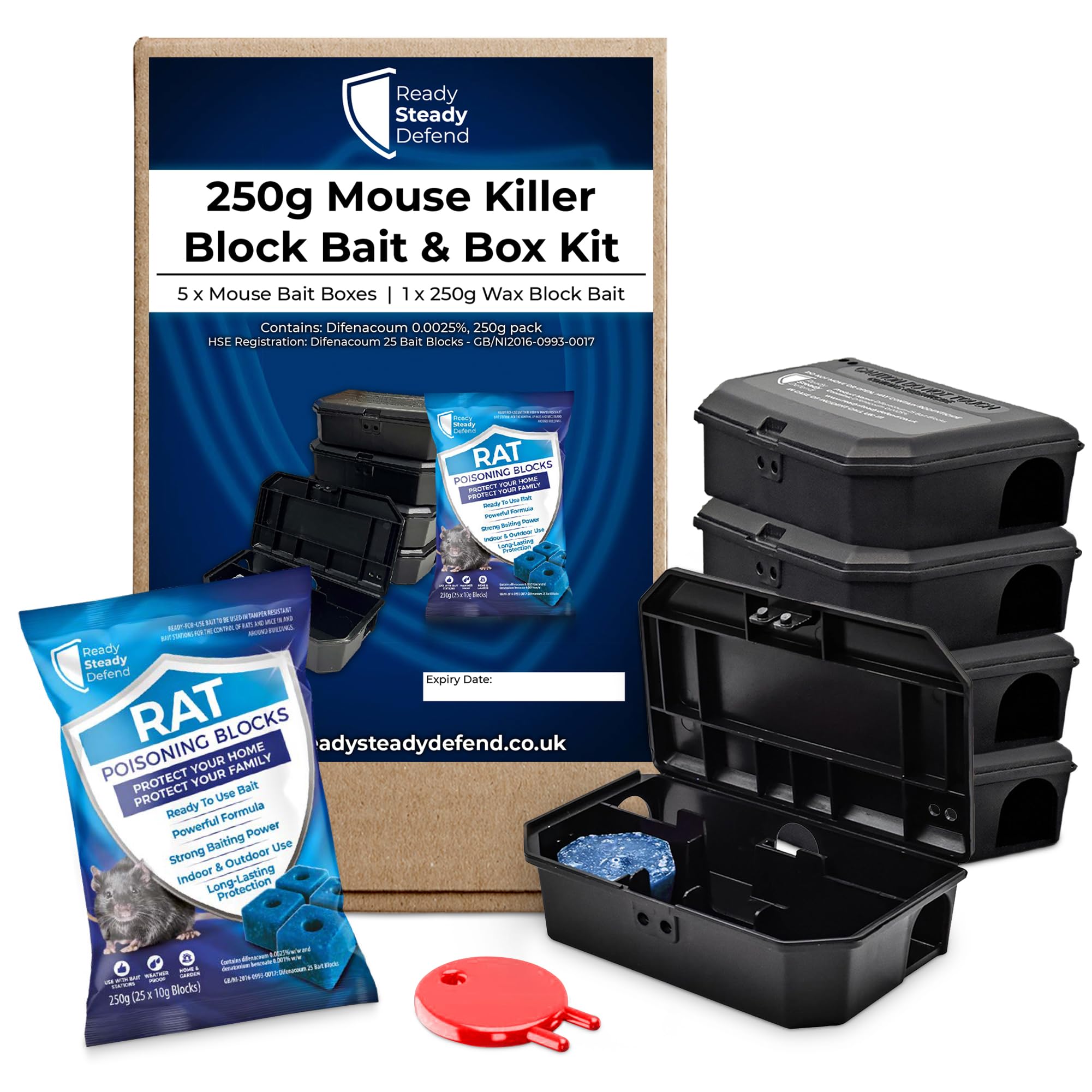 Mouse Killer Block Bait & Box Kit - 5 x Mouse Bait Boxes & 250g Difena