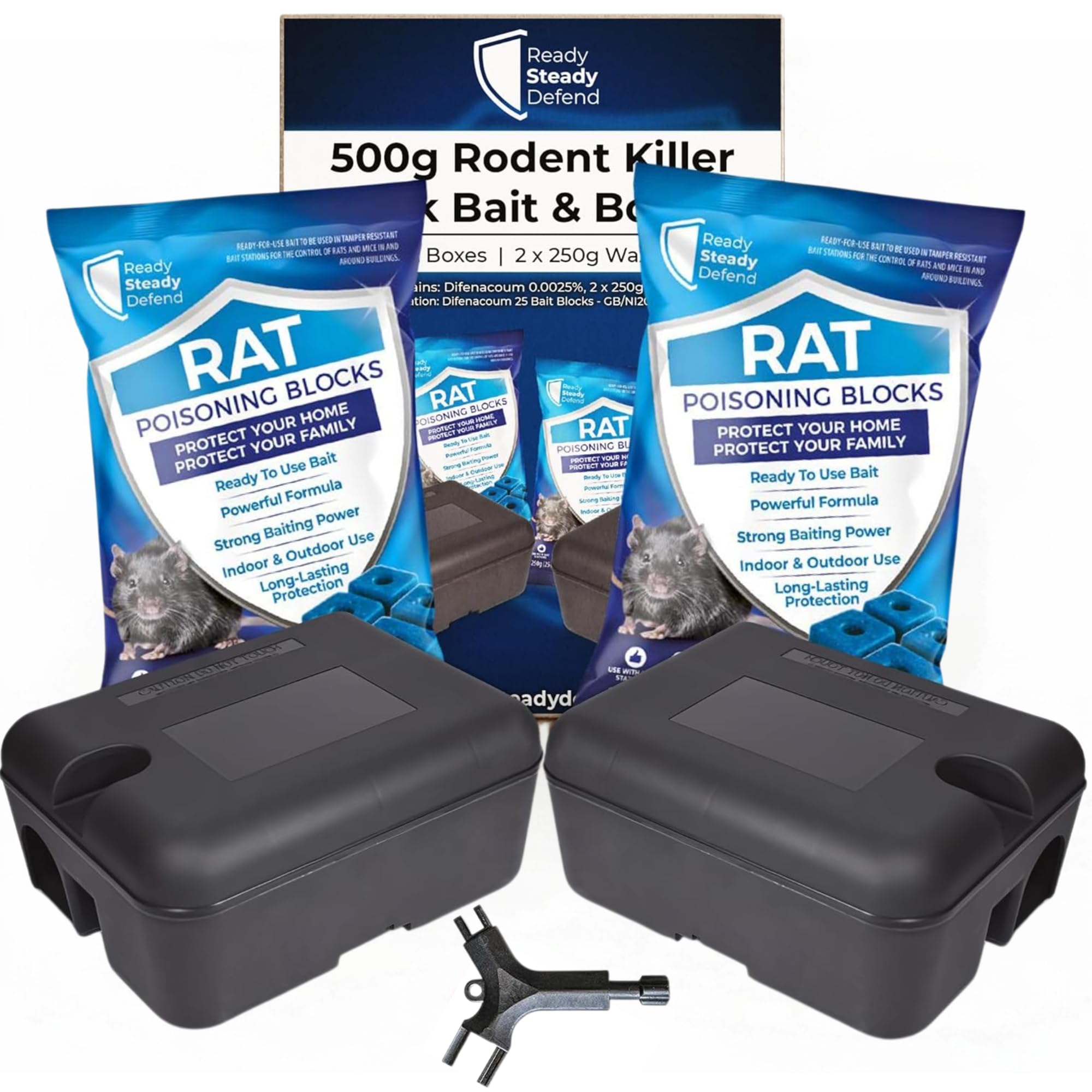 Rodent Killer Block Bait & Box Kit - 500g bait (50 Blocks) and 2 Heavy